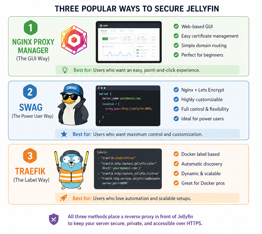 Secure Jellyfin with HTTPS: Reverse Proxy Guide (SWAG, NPM & Traefik)